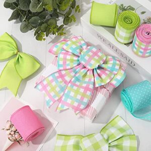 AnyDesign Spring Wired Edge Ribbon 30 Yards Pastel Pink Green Blue Craft Fabric Ribbon Decorative Plaids Dots Patterned Ribbon for Spring Easter Wreath Bow Making DIY Crafts Wrapping Supplies, 5 Roll