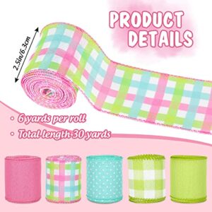 AnyDesign Spring Wired Edge Ribbon 30 Yards Pastel Pink Green Blue Craft Fabric Ribbon Decorative Plaids Dots Patterned Ribbon for Spring Easter Wreath Bow Making DIY Crafts Wrapping Supplies, 5 Roll