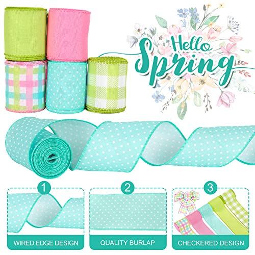 AnyDesign Spring Wired Edge Ribbon 30 Yards Pastel Pink Green Blue Craft Fabric Ribbon Decorative Plaids Dots Patterned Ribbon for Spring Easter Wreath Bow Making DIY Crafts Wrapping Supplies, 5 Roll