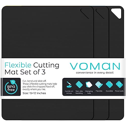 VOMAN Flexible Cutting Boards for Kitchen, Set of 3 | BPA-Free Cutting Mats for Cooking, Cutting Board Mats, Non Slip Cutting Sheets, Plastic Cutting Board Set (Black Black Black)