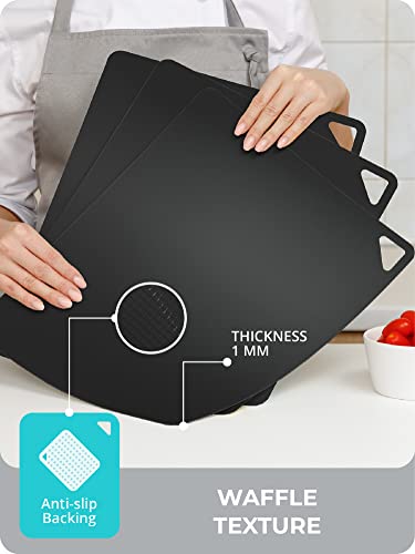 VOMAN Flexible Cutting Boards for Kitchen, Set of 3 | BPA-Free Cutting Mats for Cooking, Cutting Board Mats, Non Slip Cutting Sheets, Plastic Cutting Board Set (Black Black Black)