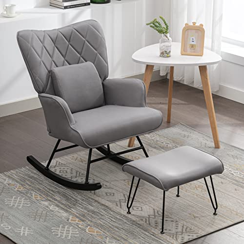 Ailisforest Rocking Chair, Modern Rocking Chair Nursery Set with Lumbar Pillow and Ottoman, Glider Chair for Nursery/Living Room/Bedroom-Gray