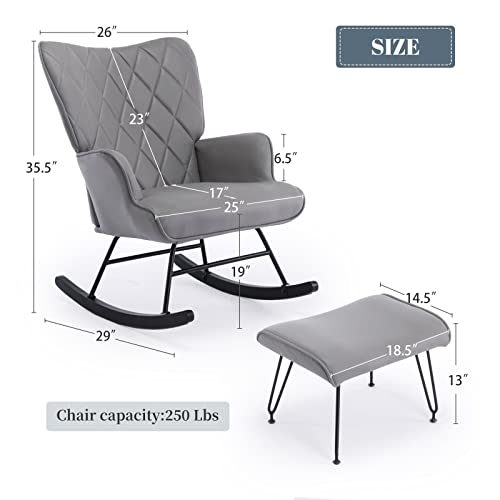 Ailisforest Rocking Chair, Modern Rocking Chair Nursery Set with Lumbar Pillow and Ottoman, Glider Chair for Nursery/Living Room/Bedroom-Gray