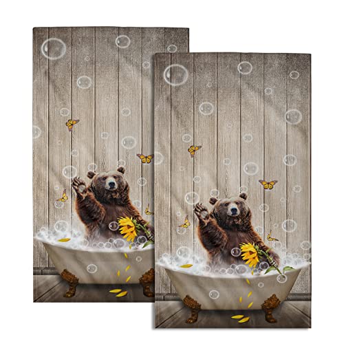 Giwawa Funny Bear Hand Towels Set of 2 Brown Bathtub Decorative Bath Towel Soft Absorbent Towel for Bathroom Kitchen Dish Spa Yoga 14"x28"