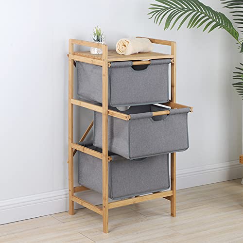 Gdrasuya10 3 Tier Laundry Basket Bamboo Storage Shelf, Bamboo Laundry Hamper Shelf with 3 Pull Out Drawers Fabric Baskets for Bathroom Living Room Bedroom