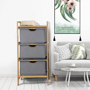 Gdrasuya10 3 Tier Laundry Basket Bamboo Storage Shelf, Bamboo Laundry Hamper Shelf with 3 Pull Out Drawers Fabric Baskets for Bathroom Living Room Bedroom