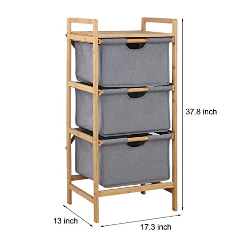 Gdrasuya10 3 Tier Laundry Basket Bamboo Storage Shelf, Bamboo Laundry Hamper Shelf with 3 Pull Out Drawers Fabric Baskets for Bathroom Living Room Bedroom