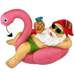 mood lab garden gnome on flamingo - funny gnome figurine - 8 inch depth lawn statue - for outdoor or house decor