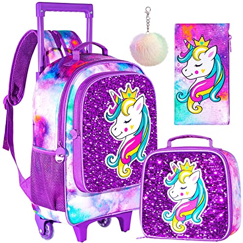 TXHVO 3PCS Rolling Backpack for Girls,Kids Unicorn Bookbag with Roller Wheels, Sequin Suitcase School Bag Set for Elementary Toddler