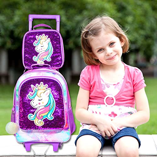 TXHVO 3PCS Rolling Backpack for Girls,Kids Unicorn Bookbag with Roller Wheels, Sequin Suitcase School Bag Set for Elementary Toddler