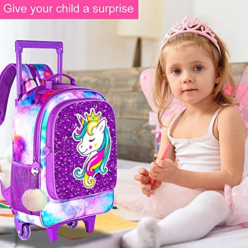 TXHVO 3PCS Rolling Backpack for Girls,Kids Unicorn Bookbag with Roller Wheels, Sequin Suitcase School Bag Set for Elementary Toddler