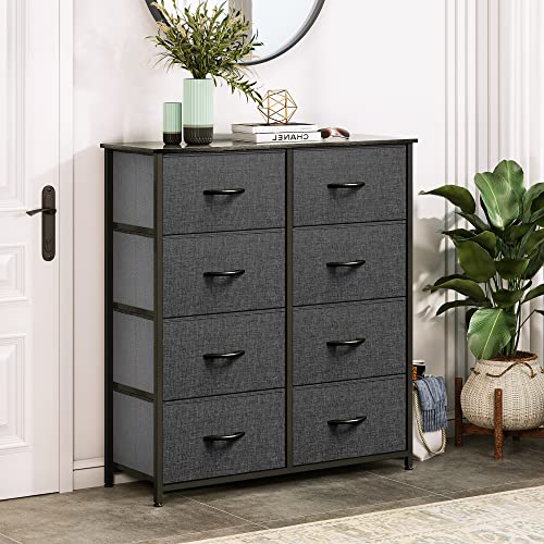 DWVO Dresser for Bedroom, Fabric Dresser with 8 Drawers, Tall Dresser, Double Dresser, Chest of Drawers for Closet, Living Room, Sturdy Steel Frame, Wooden Top, Easy Pull Handle, Black Ash