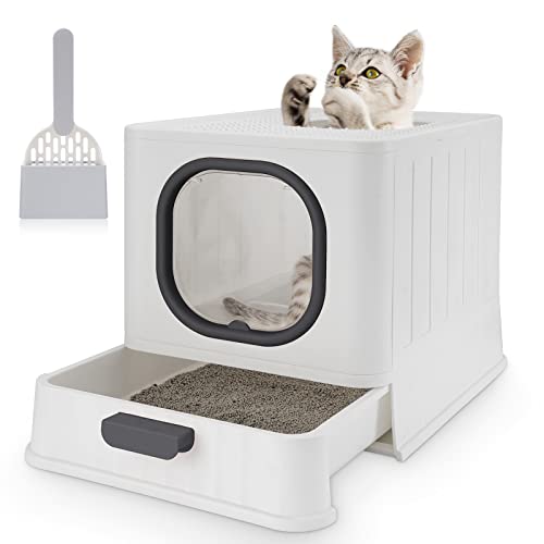 Foldable Cat Litter Box with Lid, Fully Enclosed Anti-Splashing Cat Kitty Litter Pan with Handle, Large Cat Potty Front Entry Top Exit, Drawer Type Cat Toilet Easy Clean with Fashion Cat Litter Scoop