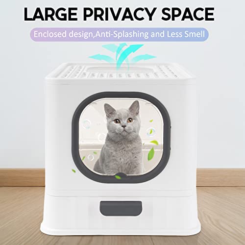 Foldable Cat Litter Box with Lid, Fully Enclosed Anti-Splashing Cat Kitty Litter Pan with Handle, Large Cat Potty Front Entry Top Exit, Drawer Type Cat Toilet Easy Clean with Fashion Cat Litter Scoop