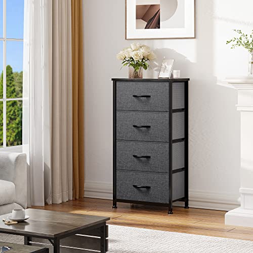 DWVO 4 Drawers Dresser, Small Dresser for Bedroom, Fabric Storage Tower, Chest of Drawers, Organizer Unit for Closets, Living Room, Sturdy Steel Frame, Wooden Top, Easy Pull Handle, Black Grey