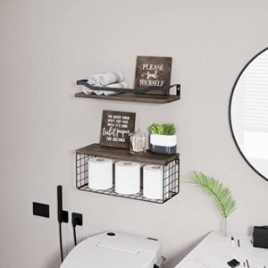 Floating Shelves with 2 Bathroom Wall Décor Sign, Bathroom Decor Sets Bathroom Wall Shelves Over Toilet with Paper Storage Basket, Wood Shelves for Wall Decor with Guardrail-Paulownia