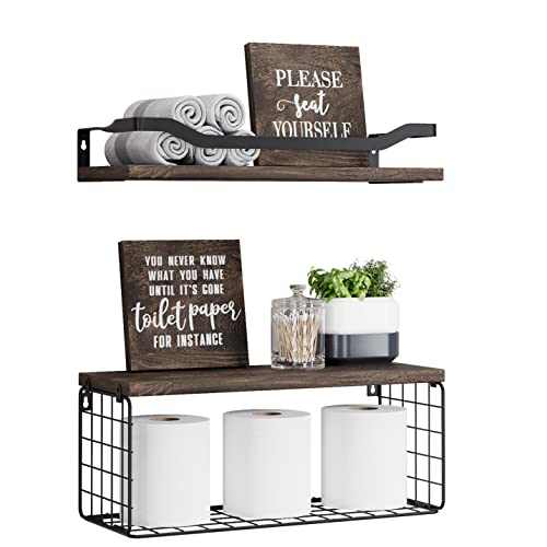 Floating Shelves with 2 Bathroom Wall Décor Sign, Bathroom Decor Sets Bathroom Wall Shelves Over Toilet with Paper Storage Basket, Wood Shelves for Wall Decor with Guardrail-Paulownia