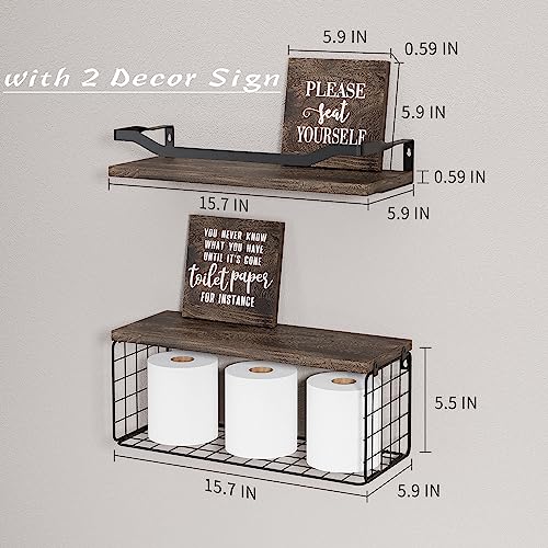 Floating Shelves with 2 Bathroom Wall Décor Sign, Bathroom Decor Sets Bathroom Wall Shelves Over Toilet with Paper Storage Basket, Wood Shelves for Wall Decor with Guardrail-Paulownia