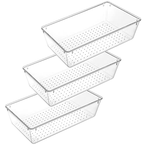 Fixwal 3 PCS Clear Drawer Organizer Set, 9 x 6 x 2 Plastic Rectangular Trays, Dresser Storage Bin Dividers for Cosmetics, Jewelry, Gadgets, Bathroom, Office, Bedroom.