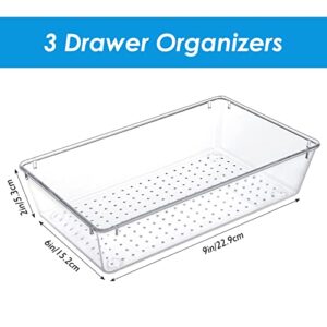 Fixwal 3 PCS Clear Drawer Organizer Set, 9 x 6 x 2 Plastic Rectangular Trays, Dresser Storage Bin Dividers for Cosmetics, Jewelry, Gadgets, Bathroom, Office, Bedroom.