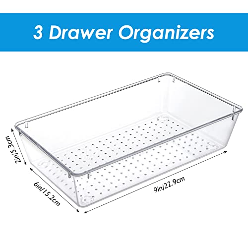 Fixwal 3 PCS Clear Drawer Organizer Set, 9 x 6 x 2 Plastic Rectangular Trays, Dresser Storage Bin Dividers for Cosmetics, Jewelry, Gadgets, Bathroom, Office, Bedroom.