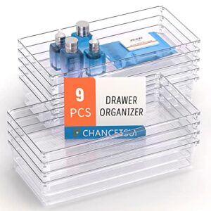 9 pack large clear plastic drawer organizers set, desk drwer organizers bathroom organizer vanity trays dividers, non slip storage bins organizers divider container for dresser makeup kitchen office