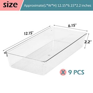 9 Pack Large Clear Plastic Drawer Organizers Set, Desk drwer organizers Bathroom Organizer Vanity Trays Dividers, Non Slip Storage Bins Organizers Divider Container for Dresser Makeup Kitchen Office