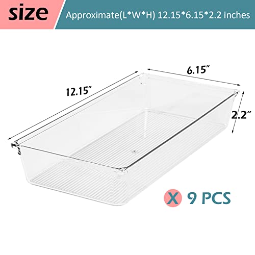 9 Pack Large Clear Plastic Drawer Organizers Set, Desk drwer organizers Bathroom Organizer Vanity Trays Dividers, Non Slip Storage Bins Organizers Divider Container for Dresser Makeup Kitchen Office