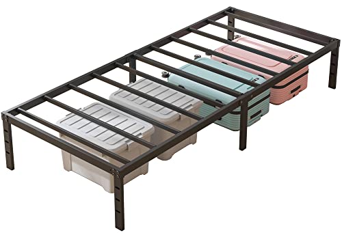 HOBINCHE 14 Inch Metal Twin Bed Frame No Box Spring Needed - Easy Assembly Heavy Duty Noise Free Narrow Bedframes - Single Black Basic Anti Squeak Steel Slats Platform with Storage