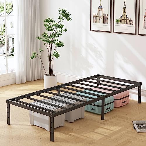 HOBINCHE 14 Inch Metal Twin Bed Frame No Box Spring Needed - Easy Assembly Heavy Duty Noise Free Narrow Bedframes - Single Black Basic Anti Squeak Steel Slats Platform with Storage