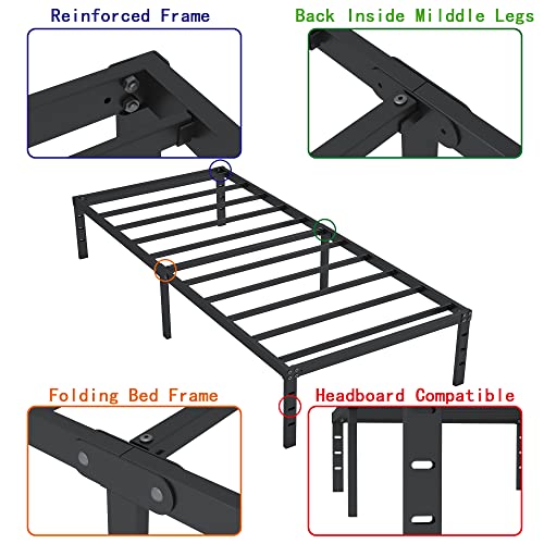 HOBINCHE 14 Inch Metal Twin Bed Frame No Box Spring Needed - Easy Assembly Heavy Duty Noise Free Narrow Bedframes - Single Black Basic Anti Squeak Steel Slats Platform with Storage