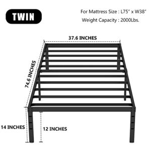 HOBINCHE 14 Inch Metal Twin Bed Frame No Box Spring Needed - Easy Assembly Heavy Duty Noise Free Narrow Bedframes - Single Black Basic Anti Squeak Steel Slats Platform with Storage