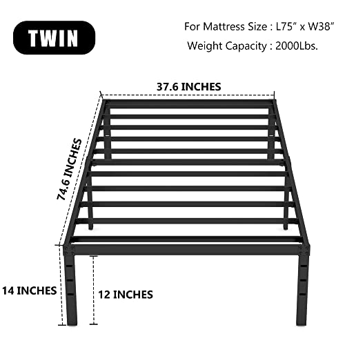 HOBINCHE 14 Inch Metal Twin Bed Frame No Box Spring Needed - Easy Assembly Heavy Duty Noise Free Narrow Bedframes - Single Black Basic Anti Squeak Steel Slats Platform with Storage