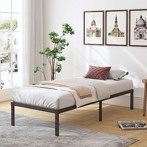 HOBINCHE 14 Inch Metal Twin Bed Frame No Box Spring Needed - Easy Assembly Heavy Duty Noise Free Narrow Bedframes - Single Black Basic Anti Squeak Steel Slats Platform with Storage