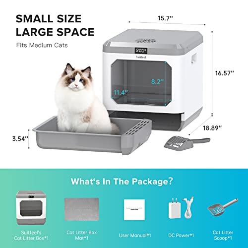 Smart Odor Removal Cat Litter Box, Large Litter Box with Deodorizing Device for Multiple Cats,Non Leaking Kitty Litter Box, Enclosed Odor Control Cat Box with Scoop&Mat