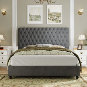 PaPaJet 52.8" High Upholstered Bed Frame Queen Size Platform Sleigh Bed with Deep Button Tufted Headboard/Easy Assembly/Dark Grey