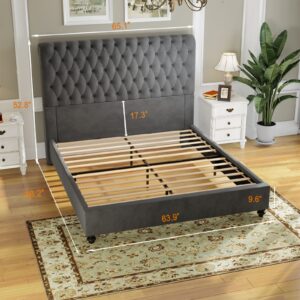 PaPaJet 52.8" High Upholstered Bed Frame Queen Size Platform Sleigh Bed with Deep Button Tufted Headboard/Easy Assembly/Dark Grey