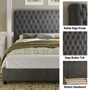 PaPaJet 52.8" High Upholstered Bed Frame Queen Size Platform Sleigh Bed with Deep Button Tufted Headboard/Easy Assembly/Dark Grey