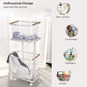 usego 2 Tier Laundry Basket with Rolling Lockable Wheels Wire Metal Sorter Storage Trolley Shelf Basket Durable Metal Sorter Clothes Storage Trolley Shelf with Removable Hamper for Organizing Clothes