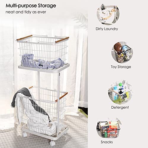 usego 2 Tier Laundry Basket with Rolling Lockable Wheels Wire Metal Sorter Storage Trolley Shelf Basket Durable Metal Sorter Clothes Storage Trolley Shelf with Removable Hamper for Organizing Clothes