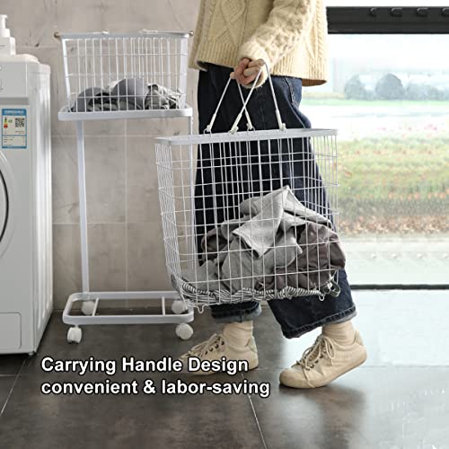 usego 2 Tier Laundry Basket with Rolling Lockable Wheels Wire Metal Sorter Storage Trolley Shelf Basket Durable Metal Sorter Clothes Storage Trolley Shelf with Removable Hamper for Organizing Clothes