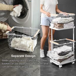 usego 2 Tier Laundry Basket with Rolling Lockable Wheels Wire Metal Sorter Storage Trolley Shelf Basket Durable Metal Sorter Clothes Storage Trolley Shelf with Removable Hamper for Organizing Clothes