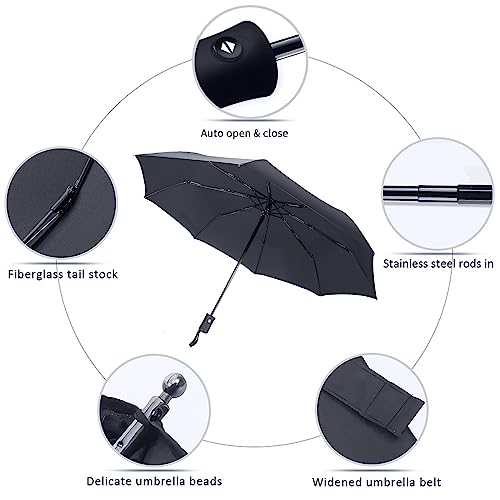 MRTLLOA 42 Inch Compact Windproof Travel Umbrella for Rain, Lightweight, Portable, Automatic, Strong, Waterproof Folding Small Umbrellas for Women & Teenagers(Black)