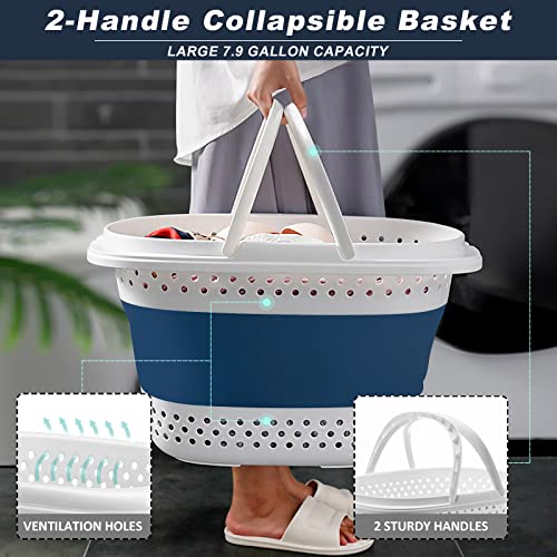 HLWDFLZ 2 Pack Collapsible Laundry Hamper - 30L (7.9 Gallon) Plastic Collapsible Pop Up Laundry Hamper with Reinforced Handle, Portable Laundry Bucket Wash for College Dorm, Home, Blue