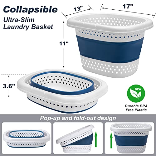 HLWDFLZ 2 Pack Collapsible Laundry Hamper - 30L (7.9 Gallon) Plastic Collapsible Pop Up Laundry Hamper with Reinforced Handle, Portable Laundry Bucket Wash for College Dorm, Home, Blue