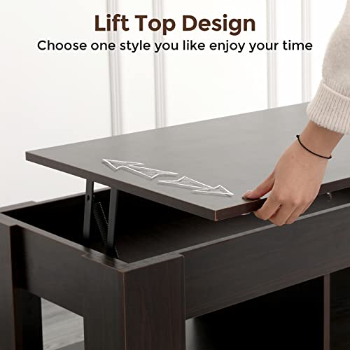 Lift Top Coffee Table with Storage, 2 Open Shelves and Hidden Compartment Lifting Center Table, Modern Wood Coffee Tables for Living Room Reception Room Office