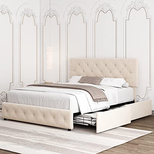 Queen Bed Frame with Storage and Adjustable Headboard, Bed Frame with 4 Drawers and Wooden Slats Support, No Box Spring Needed, PU, Beige