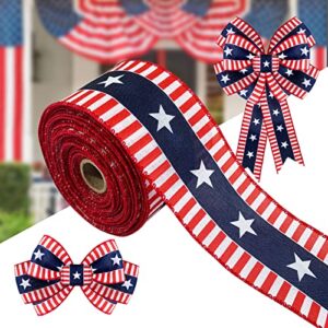 4th of july patriotic ribbons 2.5 inch ×10 yards, memorial day wired edge ribbon blue red burlap ribbons american stars stripe ribbon bows for gift wrapping american memorial day decorations