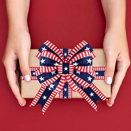 4th of July Patriotic Ribbons 2.5 Inch ×10 Yards, Memorial Day Wired Edge Ribbon Blue Red Burlap Ribbons American Stars Stripe Ribbon Bows for Gift Wrapping American Memorial Day Decorations