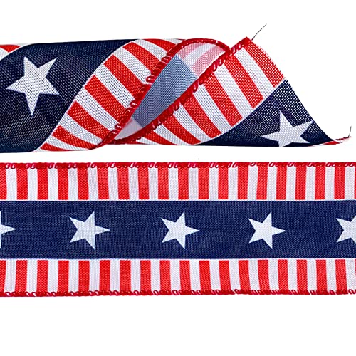 4th of July Patriotic Ribbons 2.5 Inch ×10 Yards, Memorial Day Wired Edge Ribbon Blue Red Burlap Ribbons American Stars Stripe Ribbon Bows for Gift Wrapping American Memorial Day Decorations